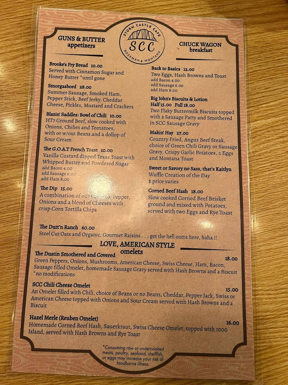 Menu at Storm Castle Café restaurant, Bozeman