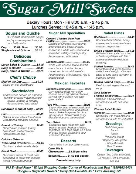 Menu at Sugar Mill Sweets cafe, Fort Walton Beach