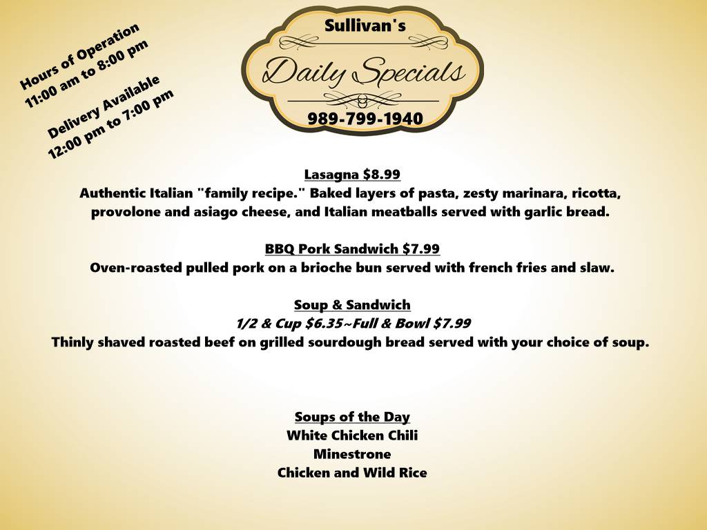 Menu at Sullivan's Food & Spirits restaurant, Saginaw