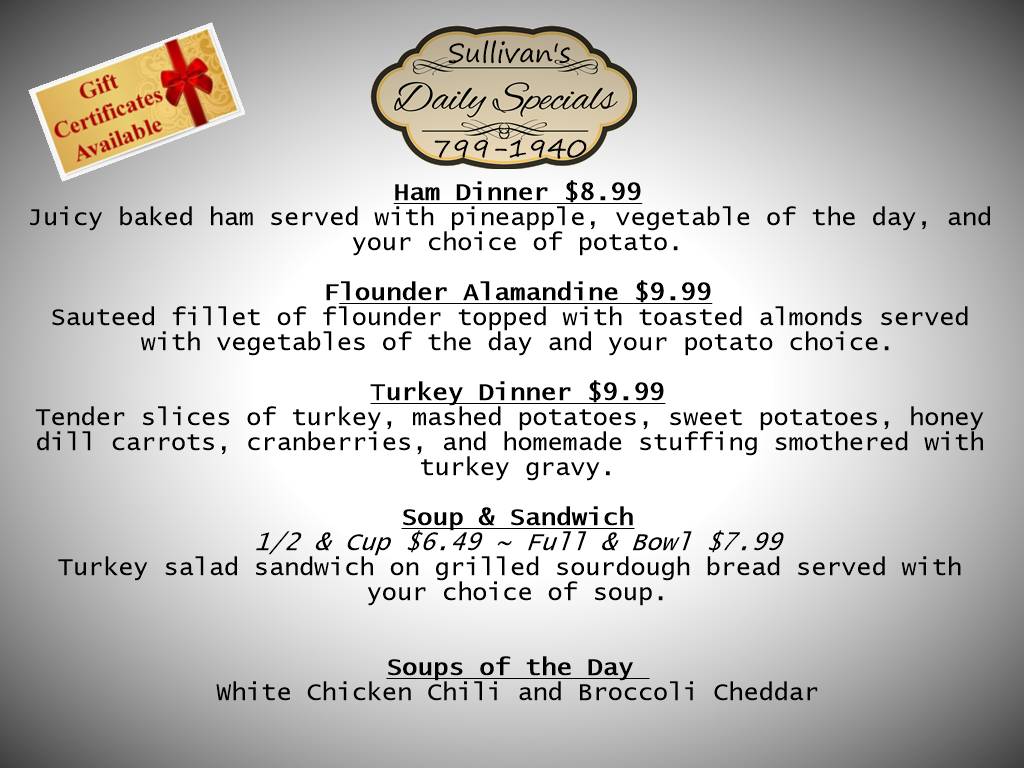 Menu at Sullivan's Food & Spirits restaurant, Saginaw