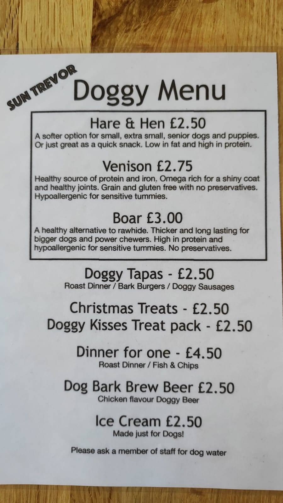 Menu at Sun Trevor pub & bar, Llangollen