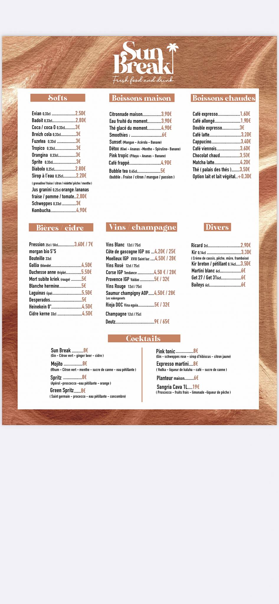 Menu at Sun break restaurant, Fouesnant