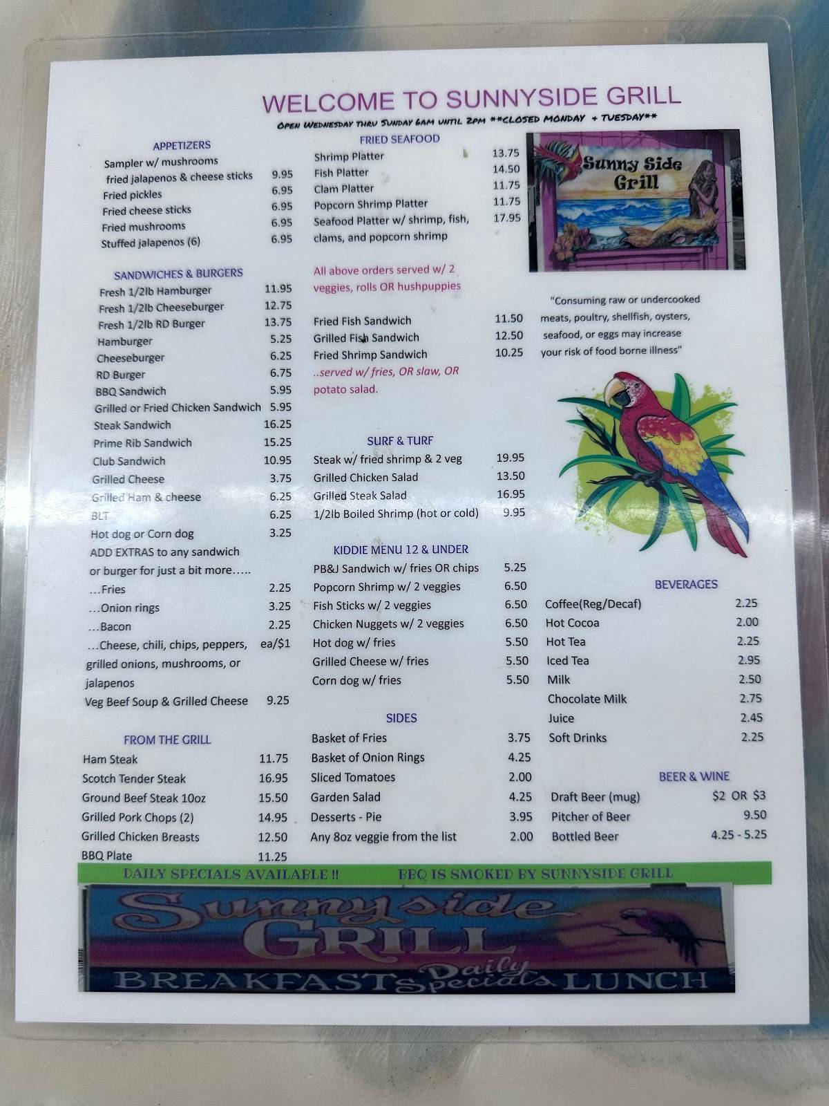 Menu at Sunnyside Grill restaurant, Panama City Beach