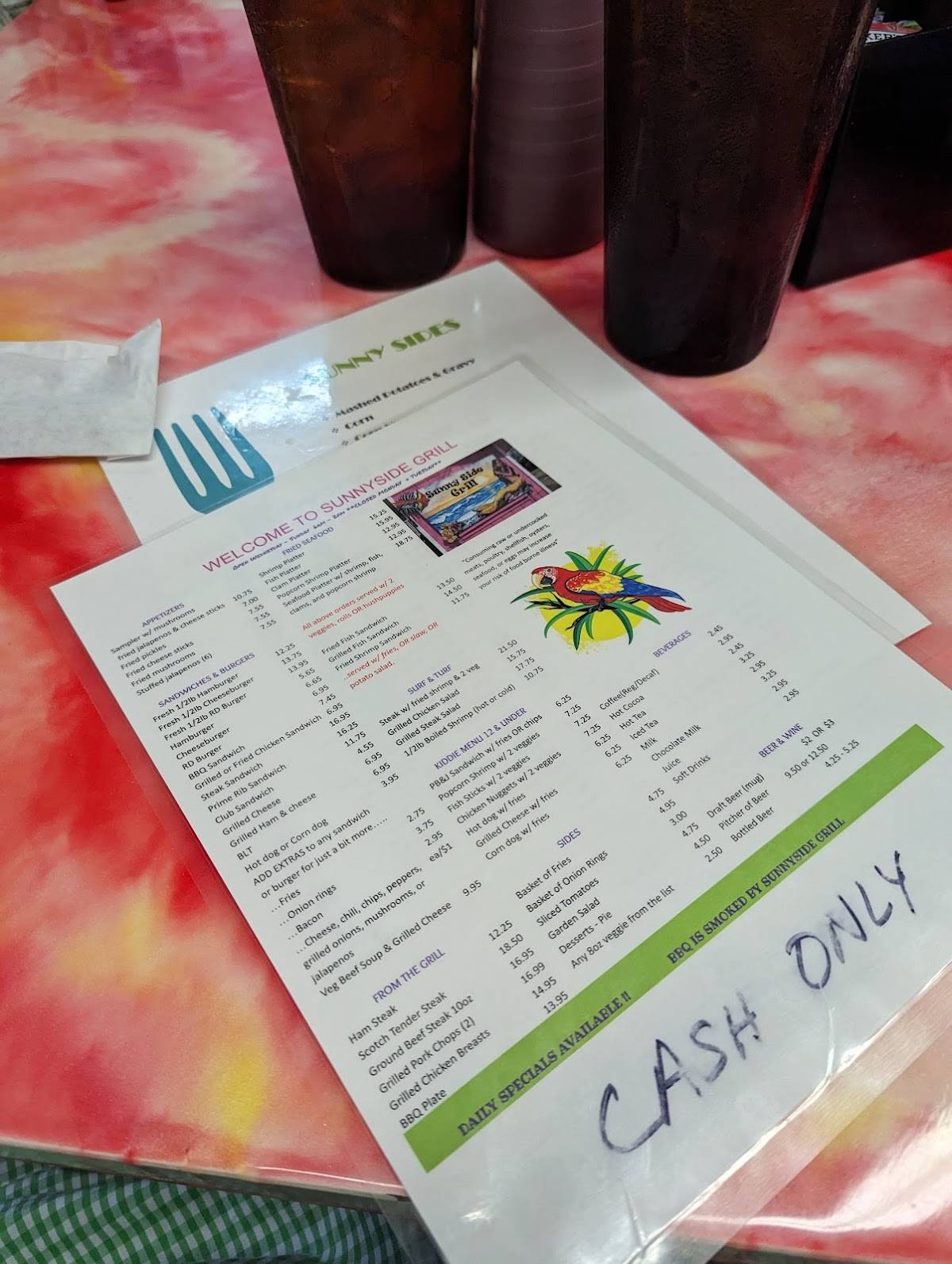 Menu at Sunnyside Grill restaurant, Panama City Beach