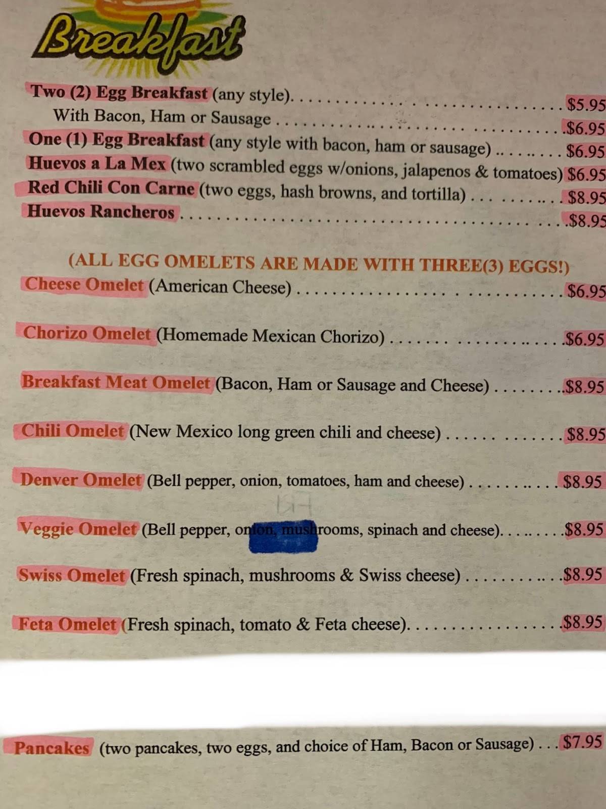 Menu at Sunrise Kitchen restaurant, Deming