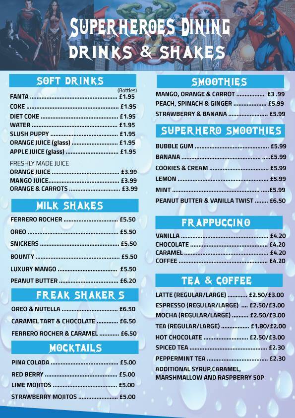 Menu at Superheroes Dining London restaurant, London