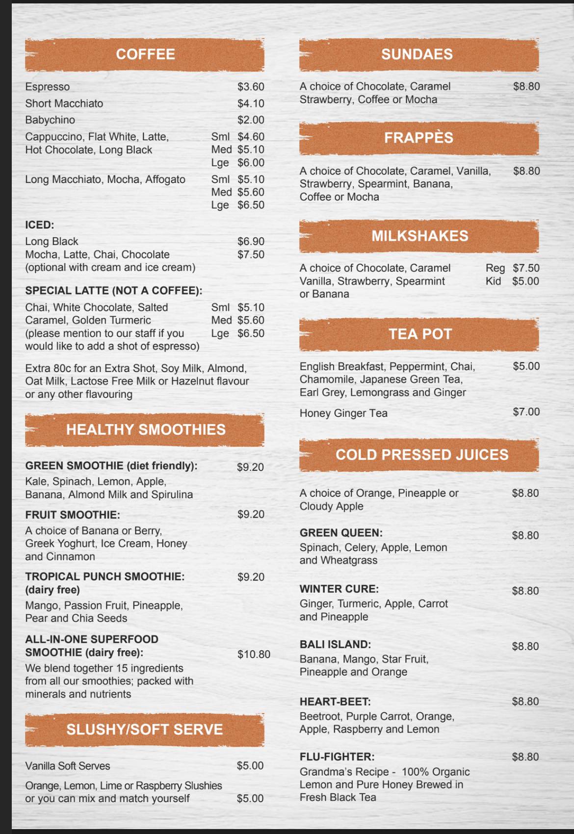 Menu at Surfing Lizard - Coogee cafe, Coogee