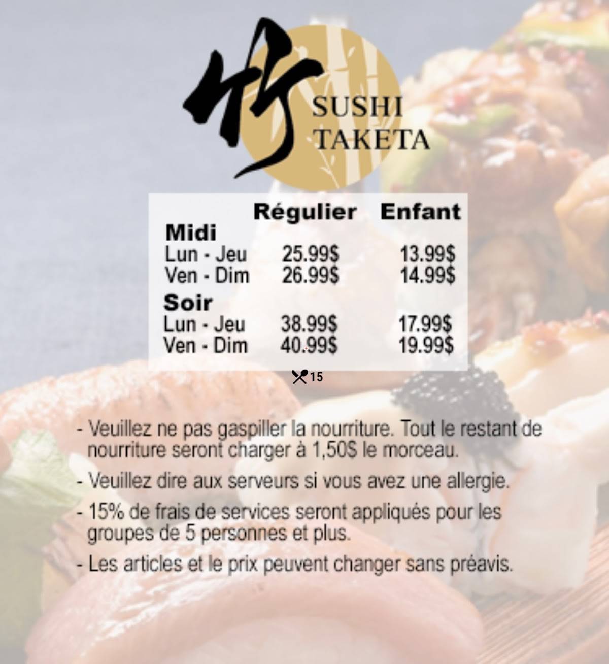 Menu at Sushi Taketa restaurant, Montréal