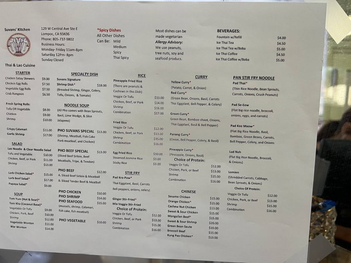 Menu at Suvans Kitchen restaurant, Lompoc