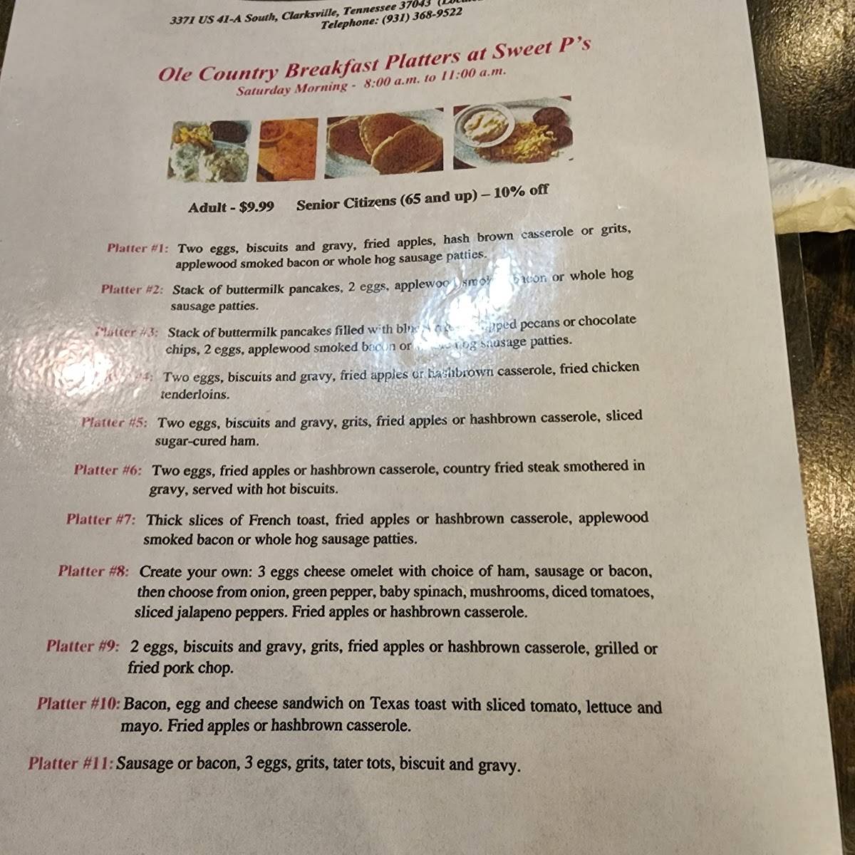 Menu at Sweet P's Southern Style restaurant, Clarksville