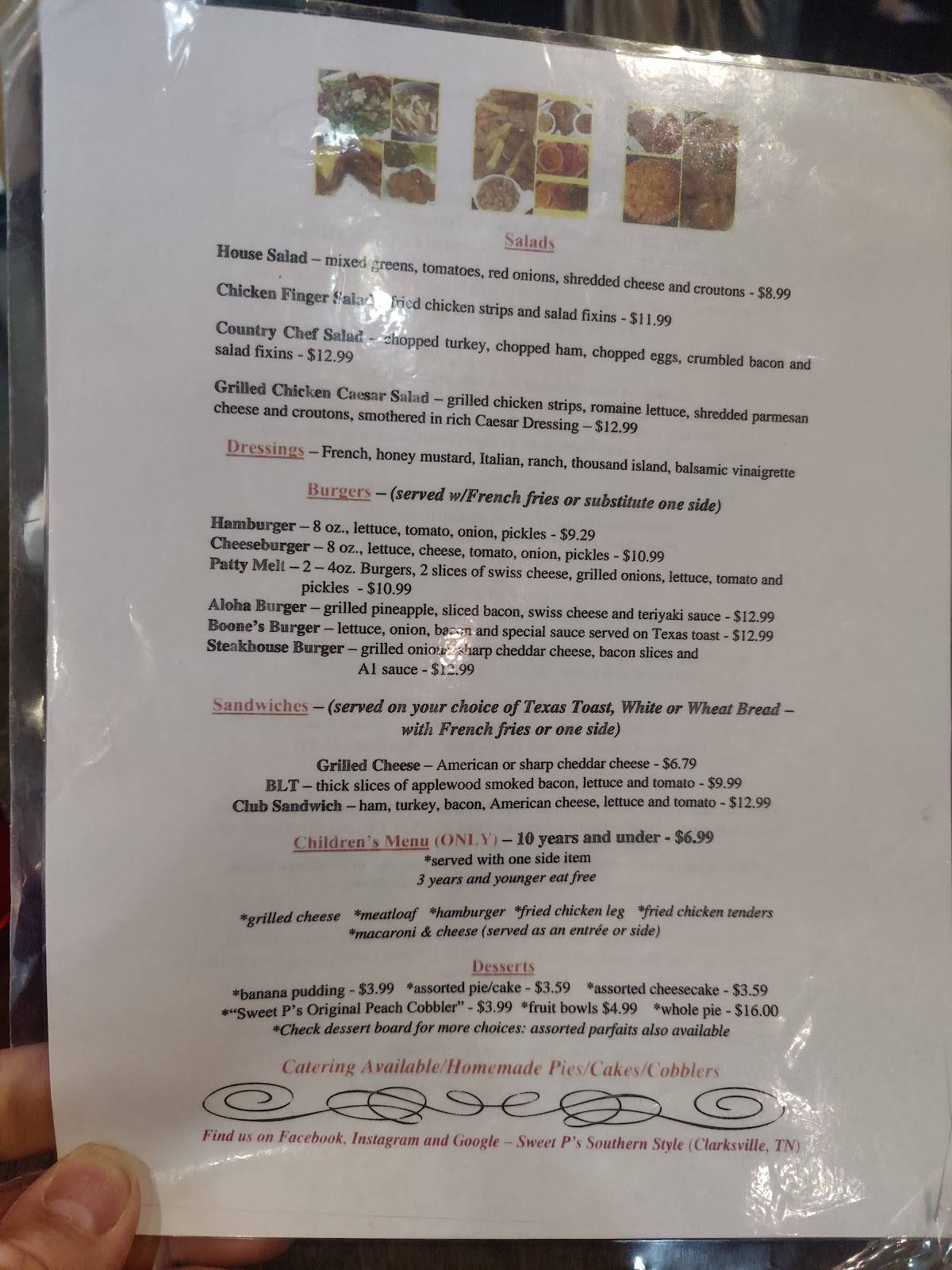 Menu at Sweet P's Southern Style restaurant, Clarksville
