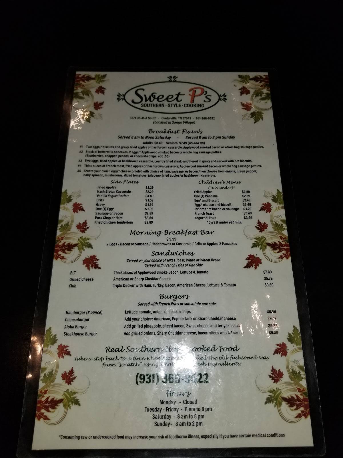 Menu at Sweet P's Southern Style restaurant, Clarksville