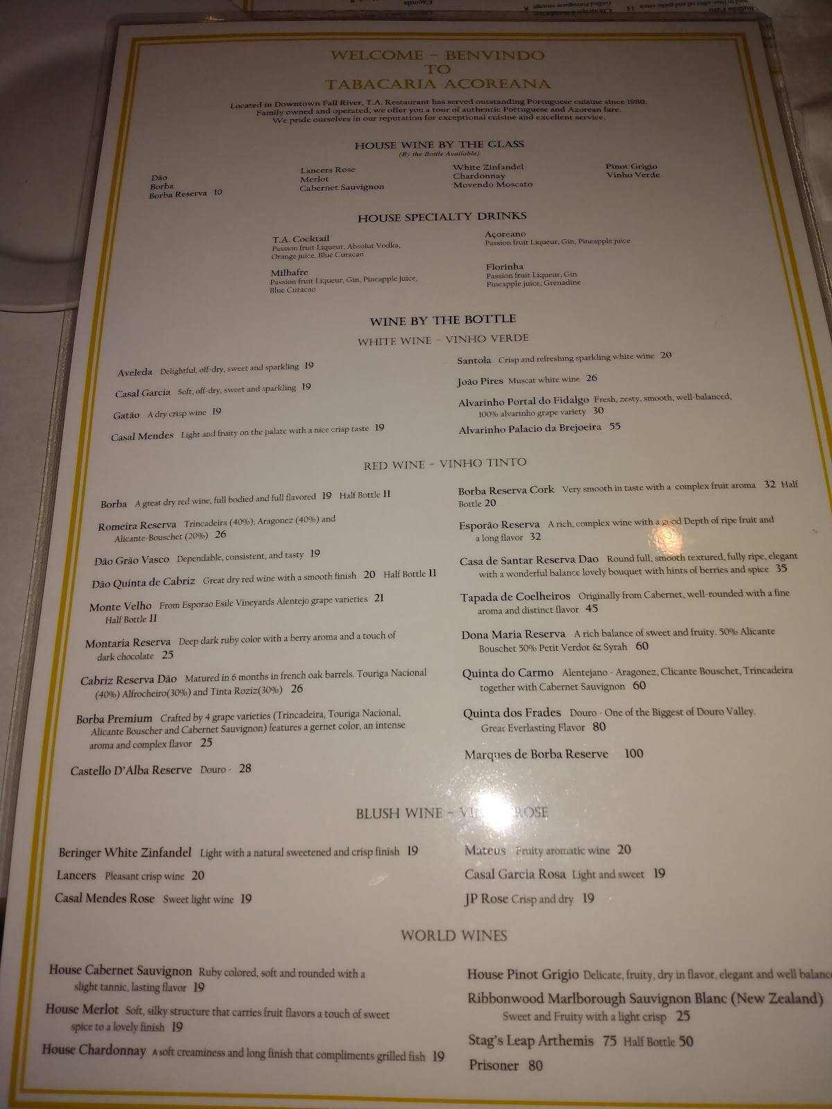 Menu at T.A. Restaurant, Fall River