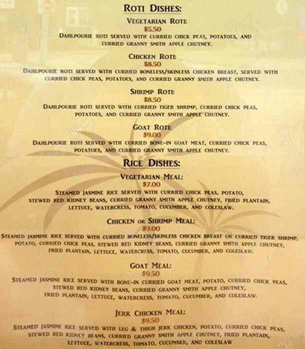 Menu at T&T Roti restaurant, Toronto