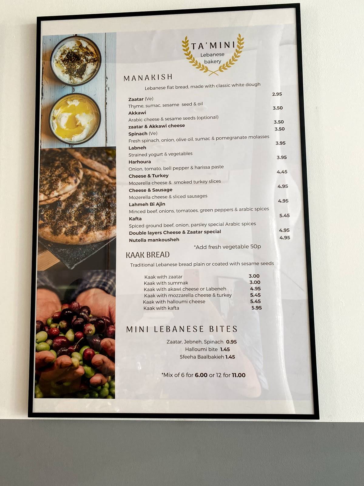 Carta de TA’MINI LEBANESE BAKERY, Londres, 801 Fulham Rd.