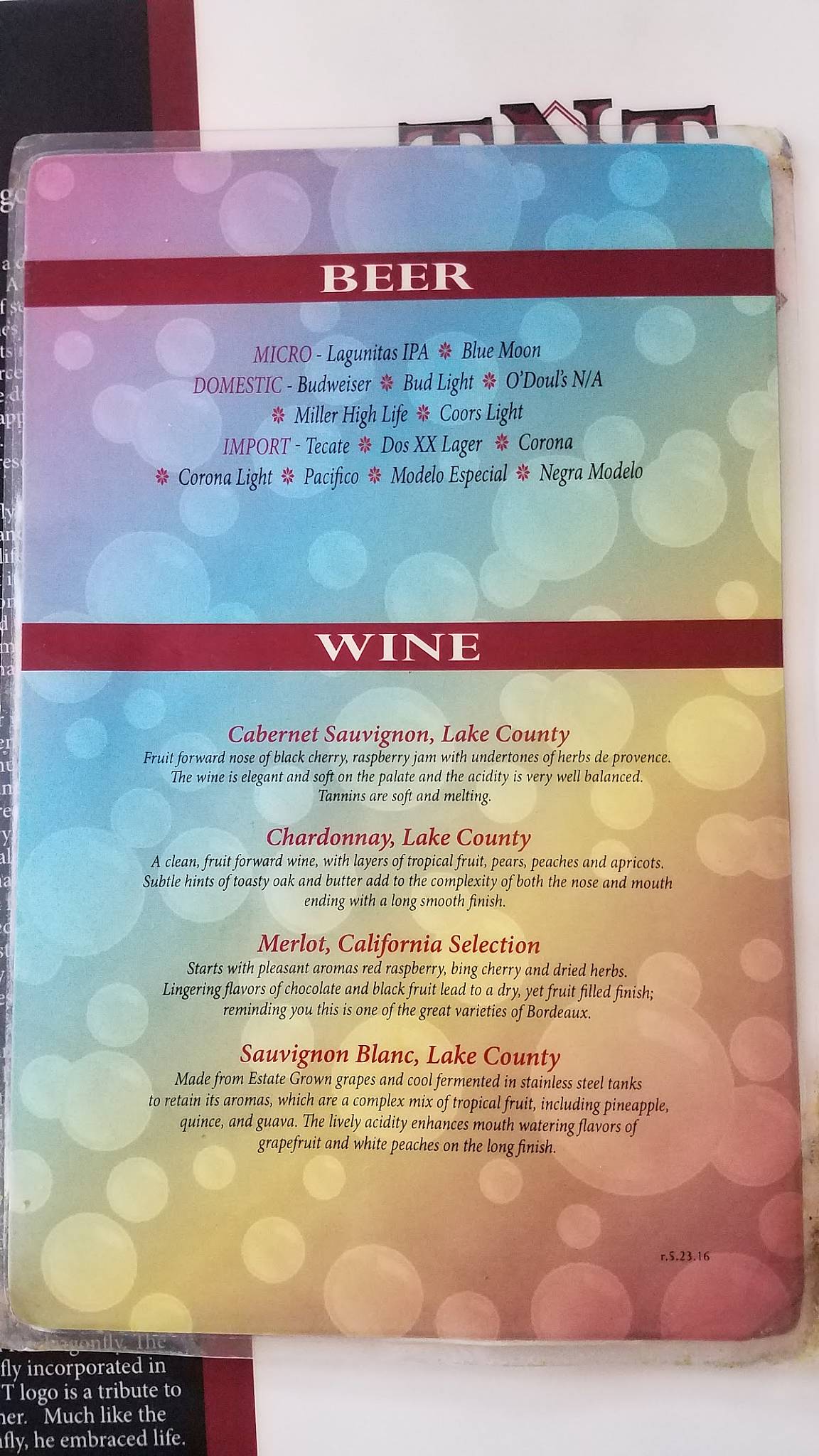 Menu at TNT on the Lake restaurant, Lakeport, Lakeshore Blvd
