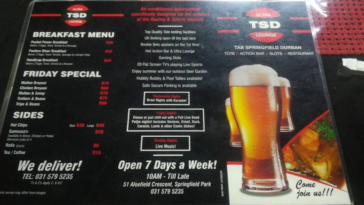 Menu at TSD Ultra LOUNGE restaurant, Durban North
