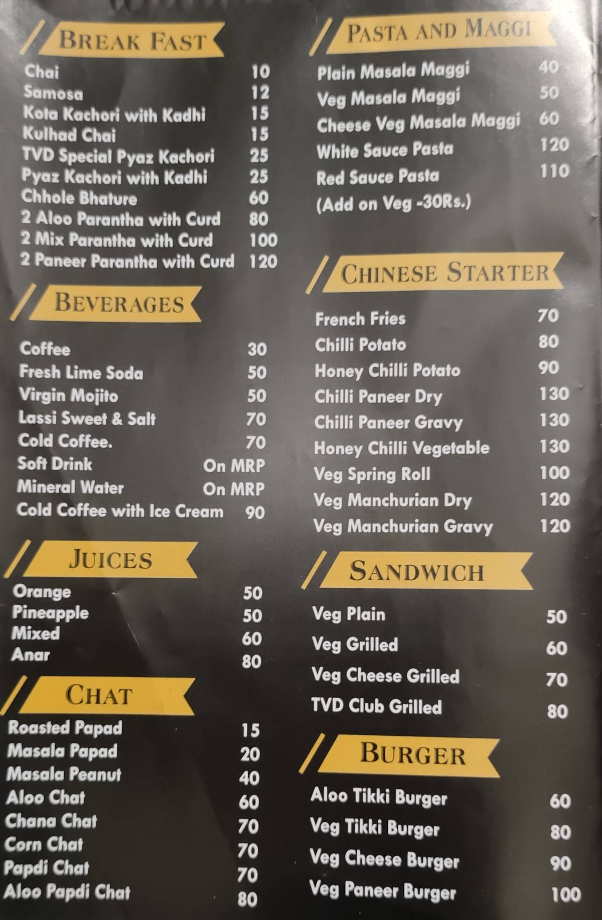 Menu at TVD Pure Veg Family Restaurant, Delhi