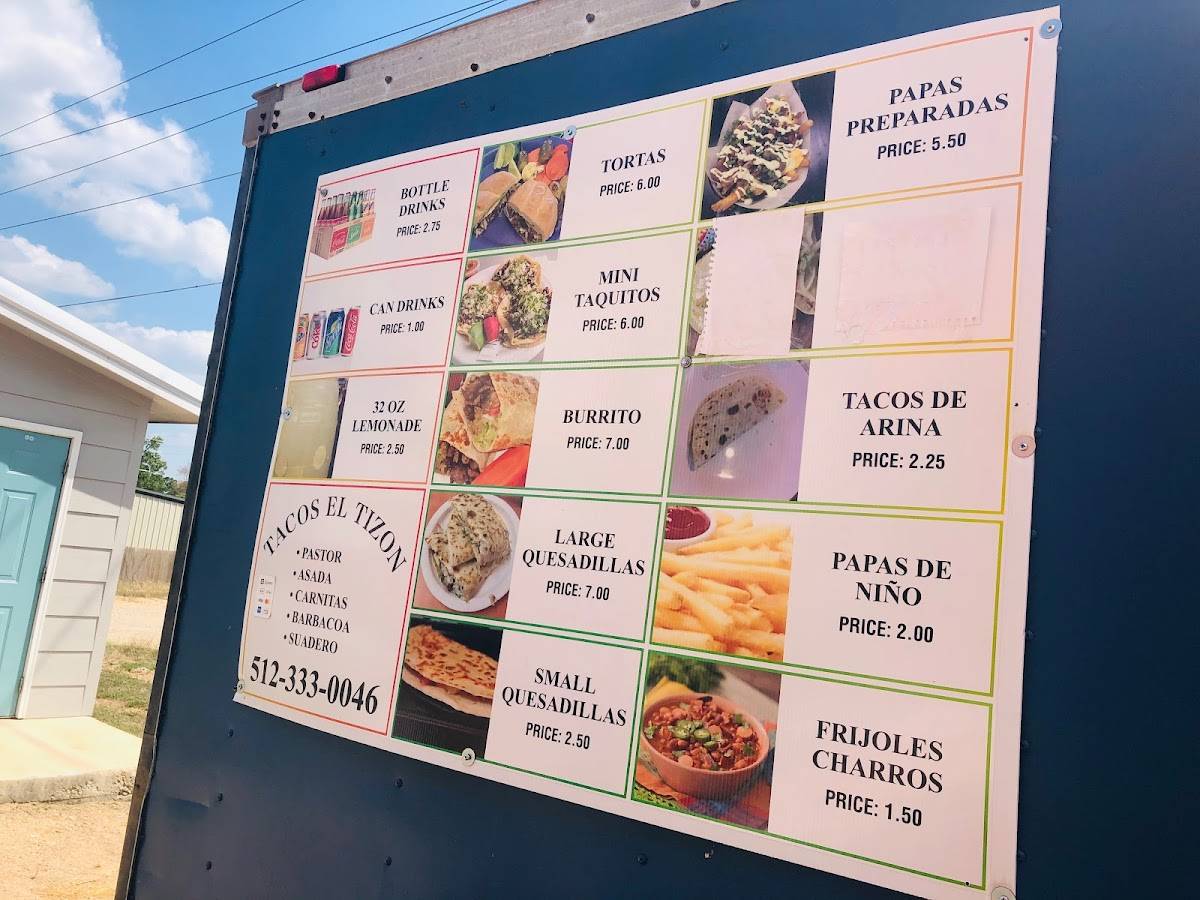 Menu at Tacos El Tizon restaurant, Wimberley, 801 Farm to Market Rd 2325