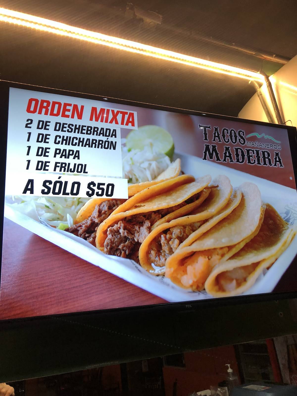 Menu at Tacos Madeira restaurant, Monterrey