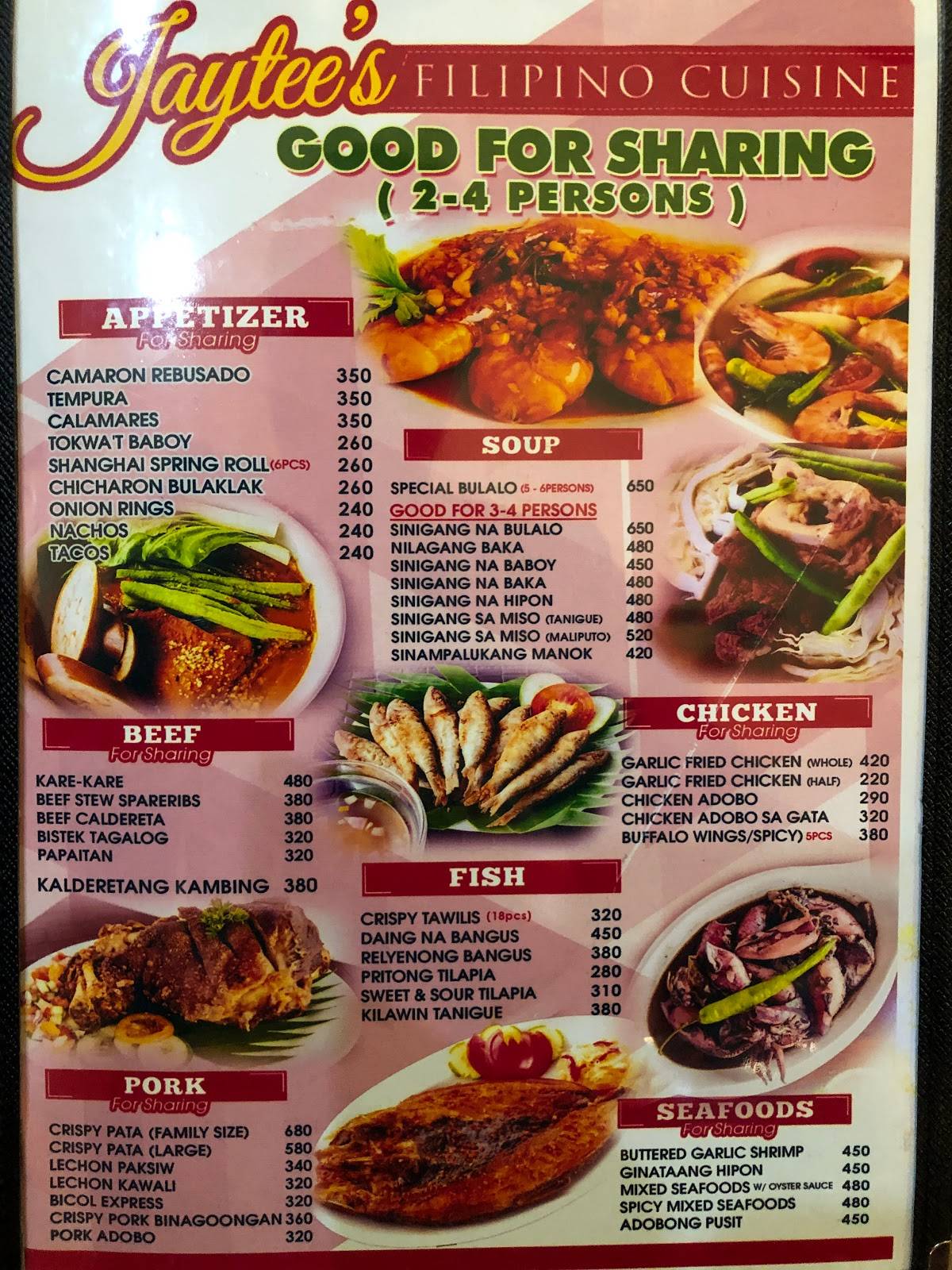 Menu at Jaytee's Classic Filipino Cuisine restaurant, Tagaytay, 4W2X+H5H