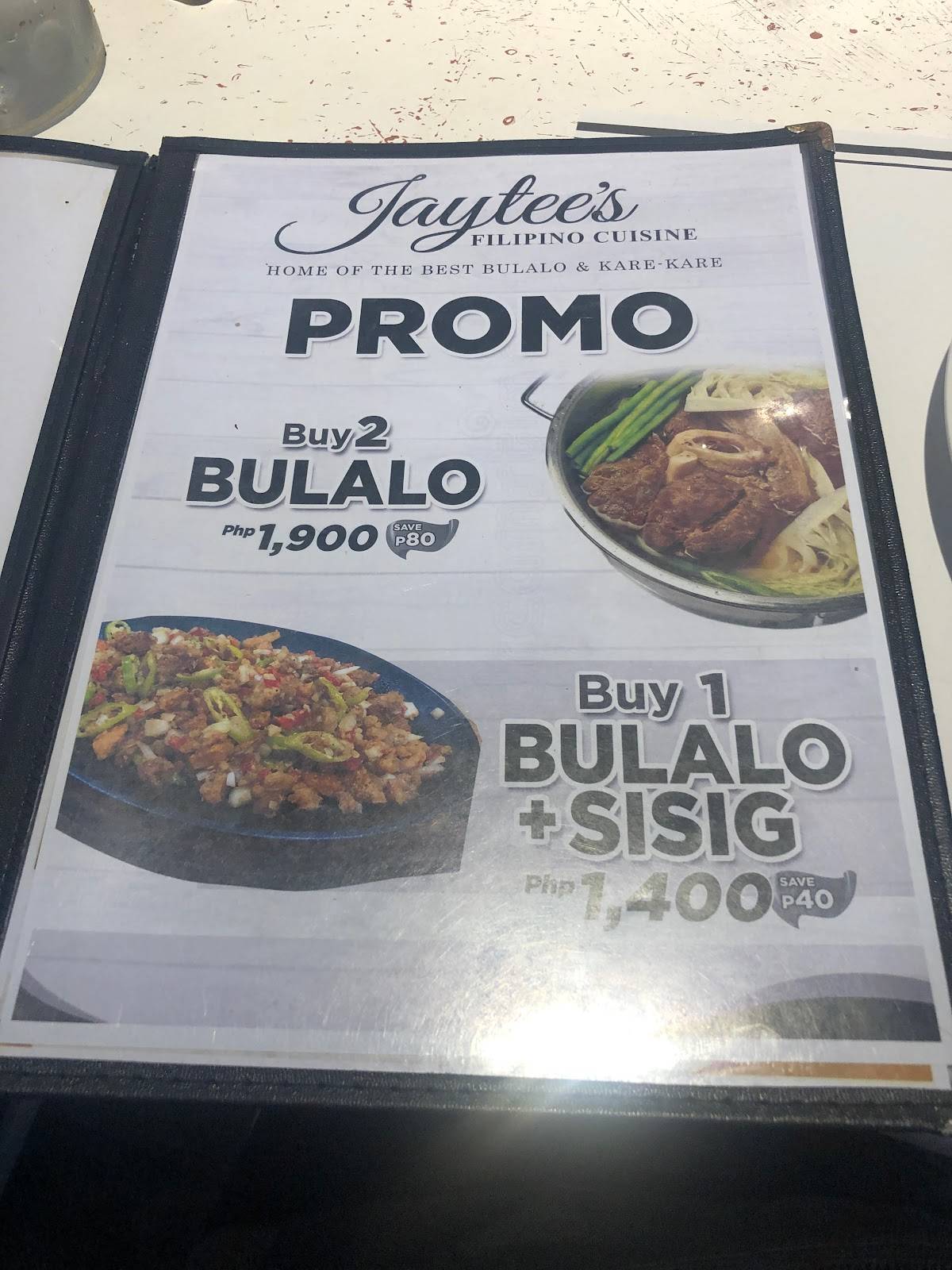 Menu at Jaytee's Classic Filipino Cuisine restaurant, Tagaytay, 4W2X+H5H