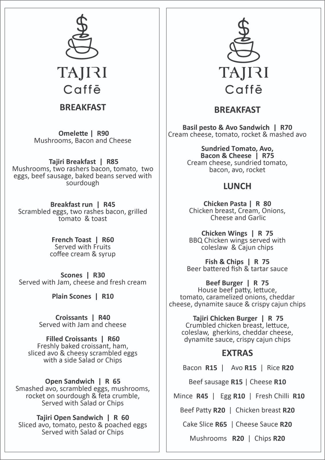 Menu at Tajiri Caffe, Pretoria