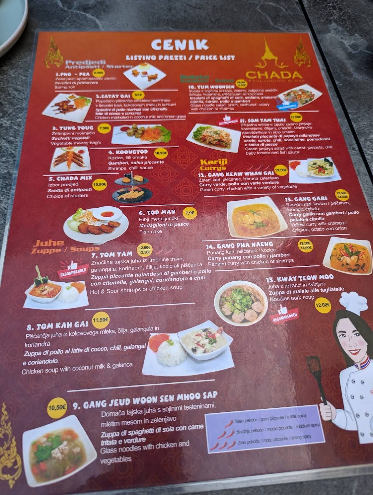 Menu at Tajska restavracija Chada restaurant, Koper