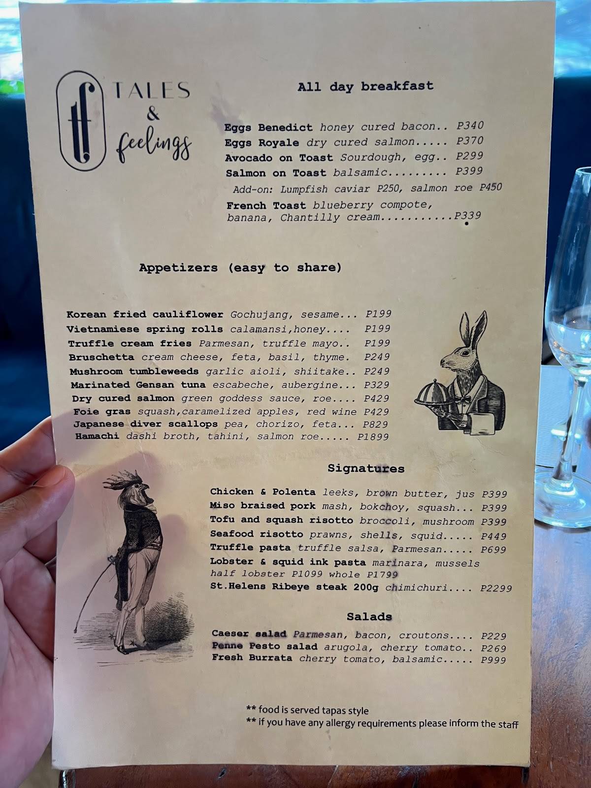 Menu at Tales and Feelings restaurant, Cebu City