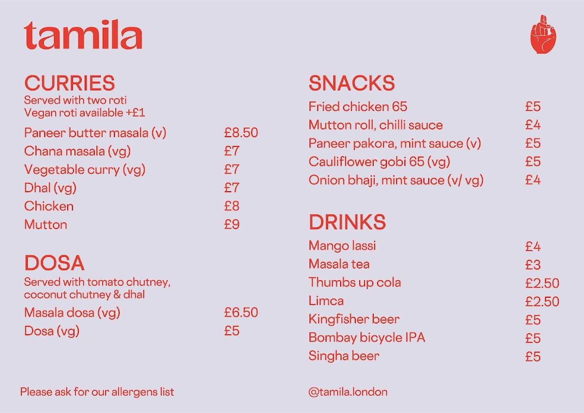 Menu at Tamila restaurant, London