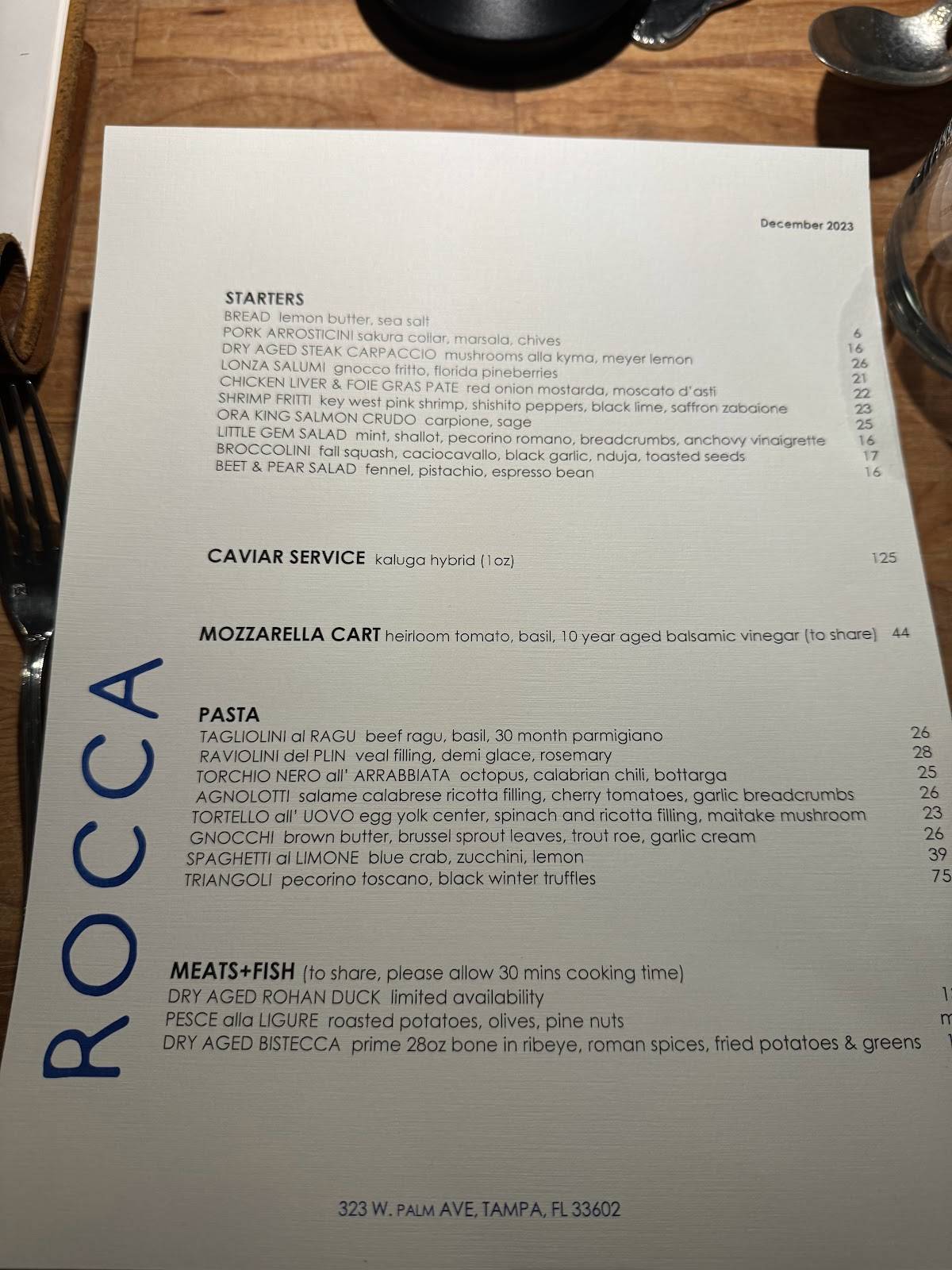Menu at Rocca restaurant, Tampa