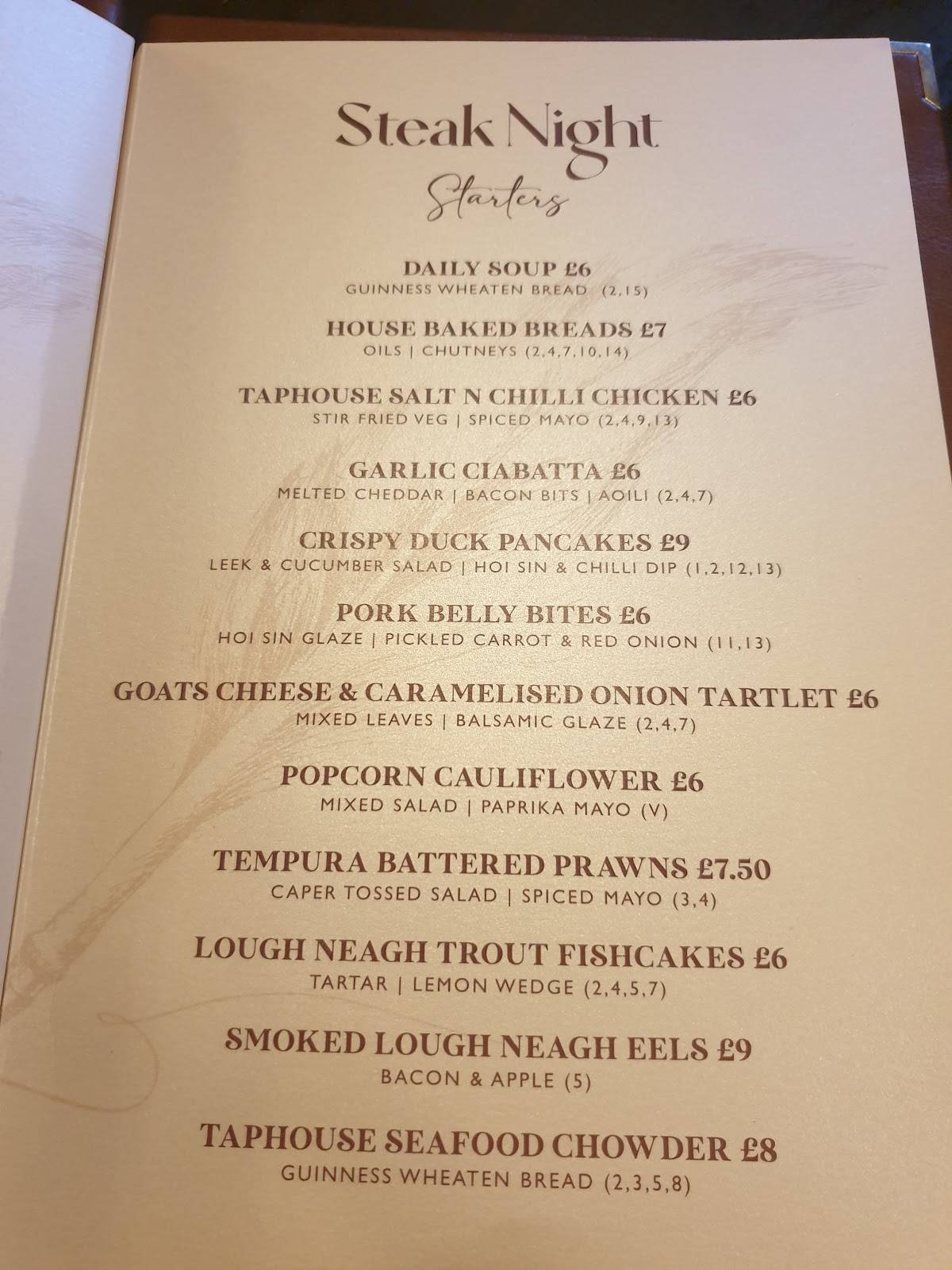 Menu at Taphouse Bar and Restaurant, Bellaghy