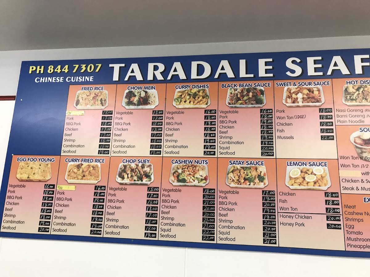 Menu at Taradale Seafoods restaurant, Napier, 311 Gloucester St