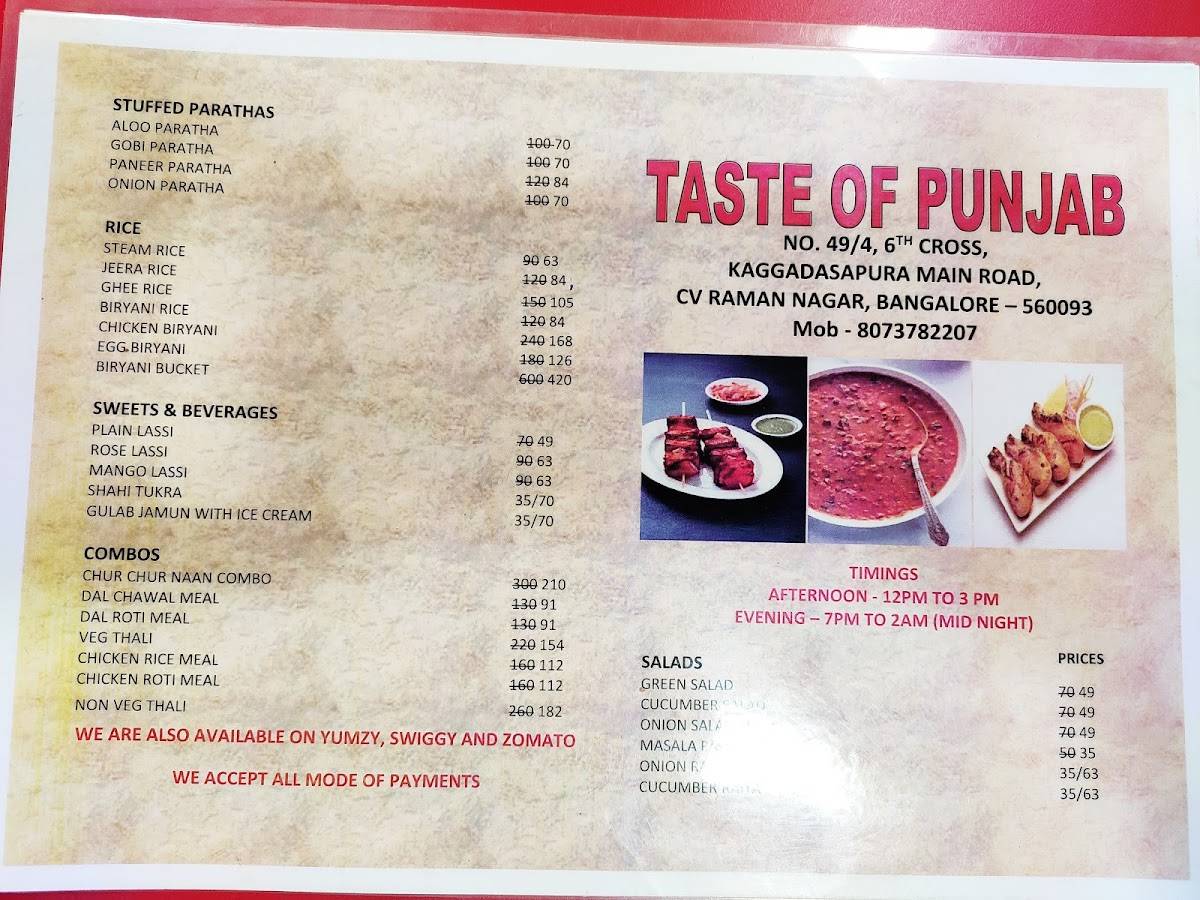 Menu at Taste of Punjab, Bengaluru