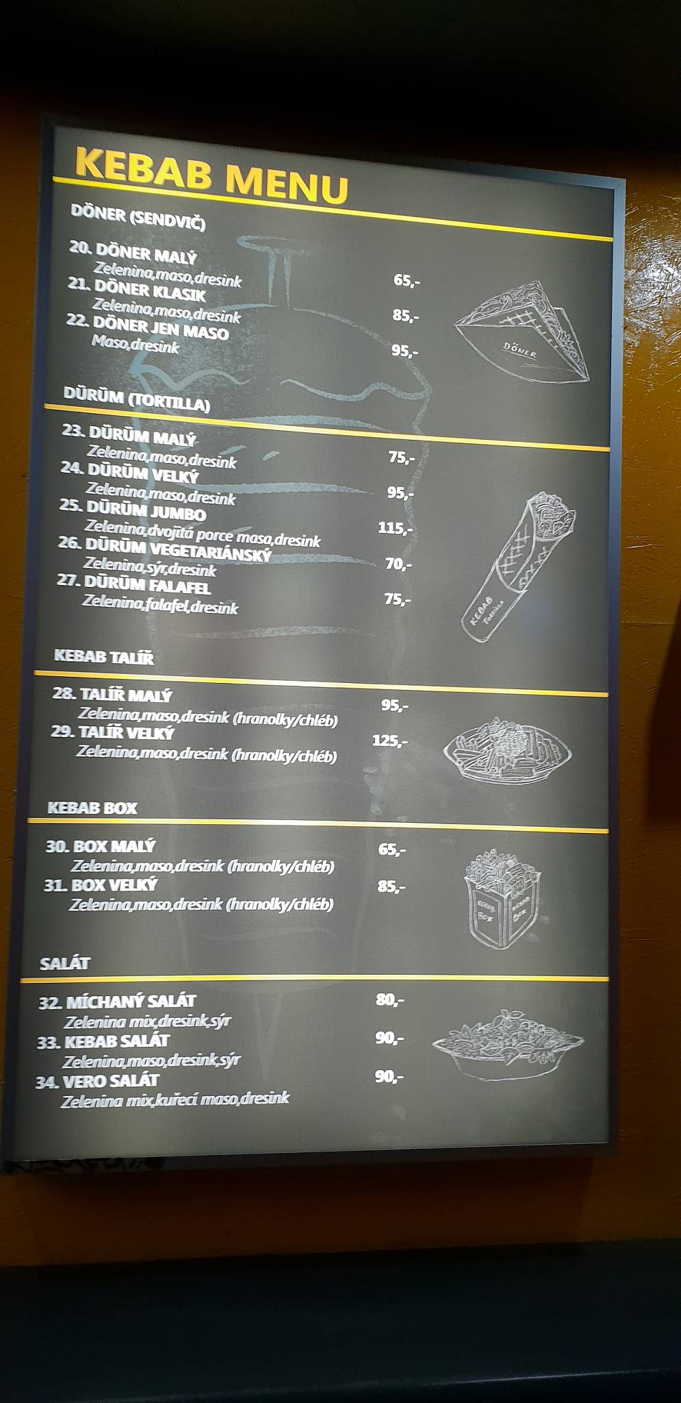 Menu at Tasty Döner Kebab restaurant, Prague, Veronské nám. 403