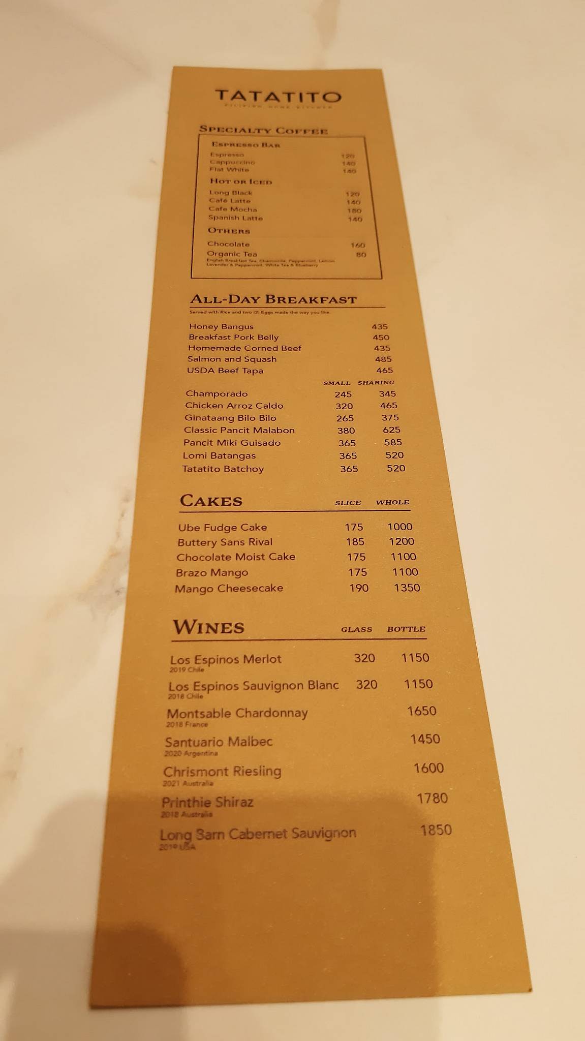 Menu at Tatatito restaurant, Makati