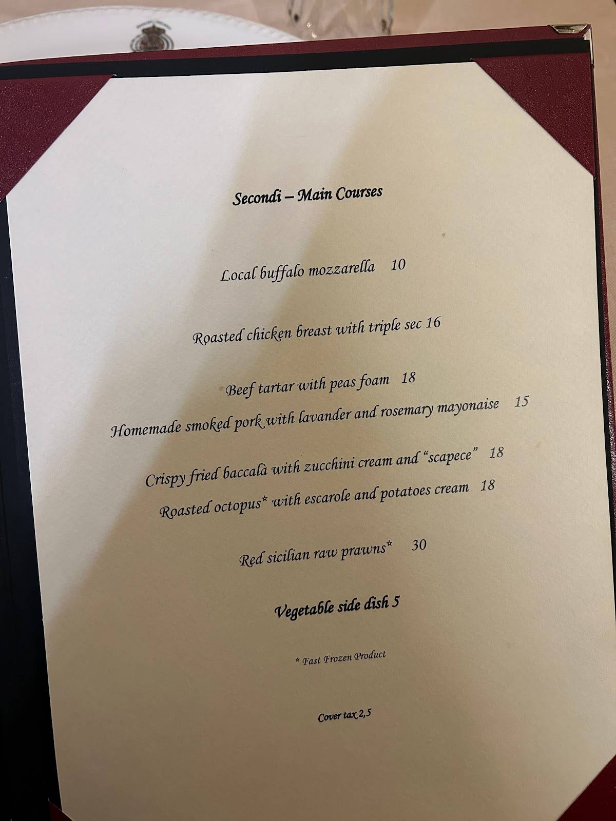 Menu at Taverna dell'Arte restaurant, Naples