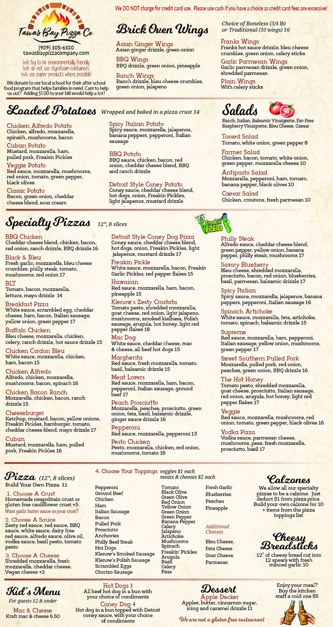 Menu at Tawas Bay Pizza Company pizzeria, Tawas City
