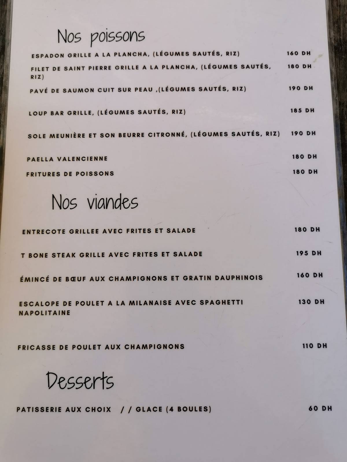 Menu au Terracotta Restaurant lounge, Temara