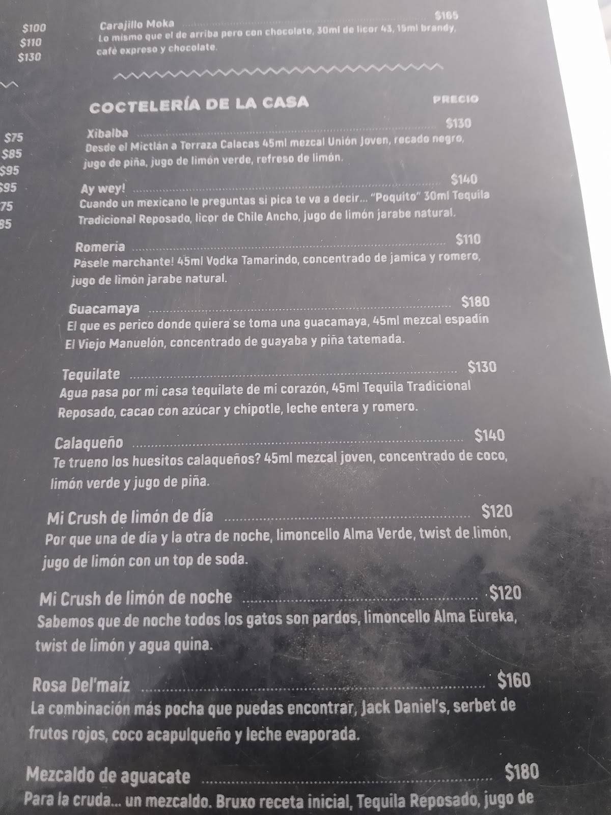 Carta del restaurante Terraza Calacas, Ciudad del México