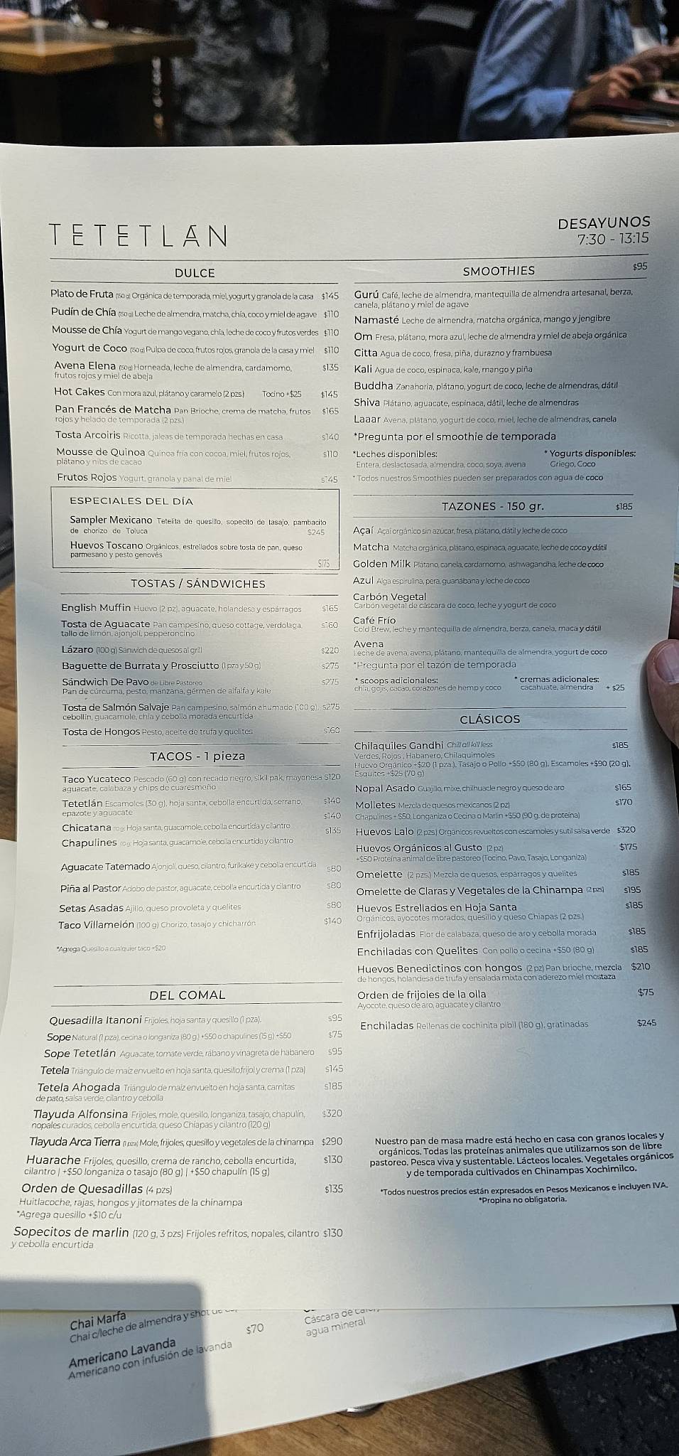 Menu at Tetetlán restaurant, Mexico City