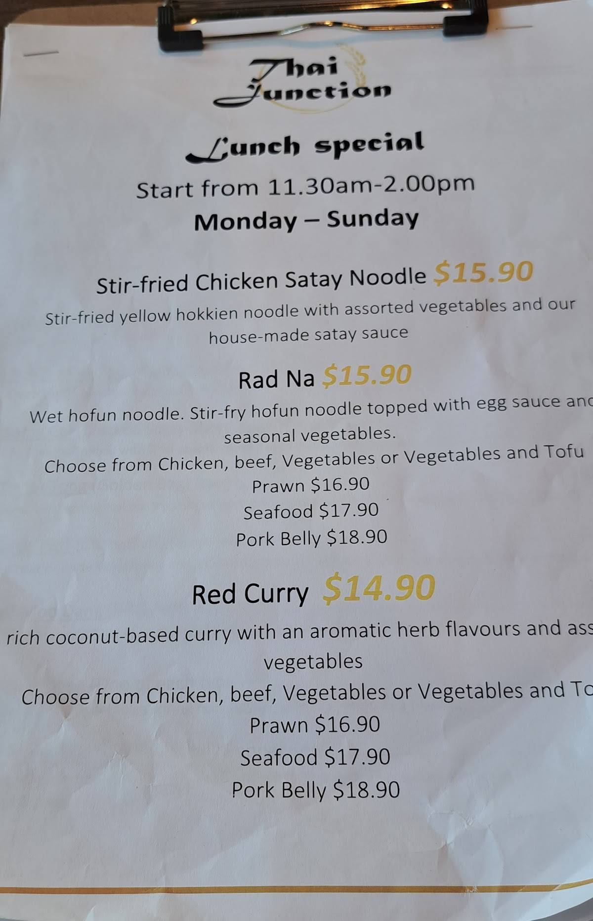 Menu at Thai Junction restaurant, Willetton