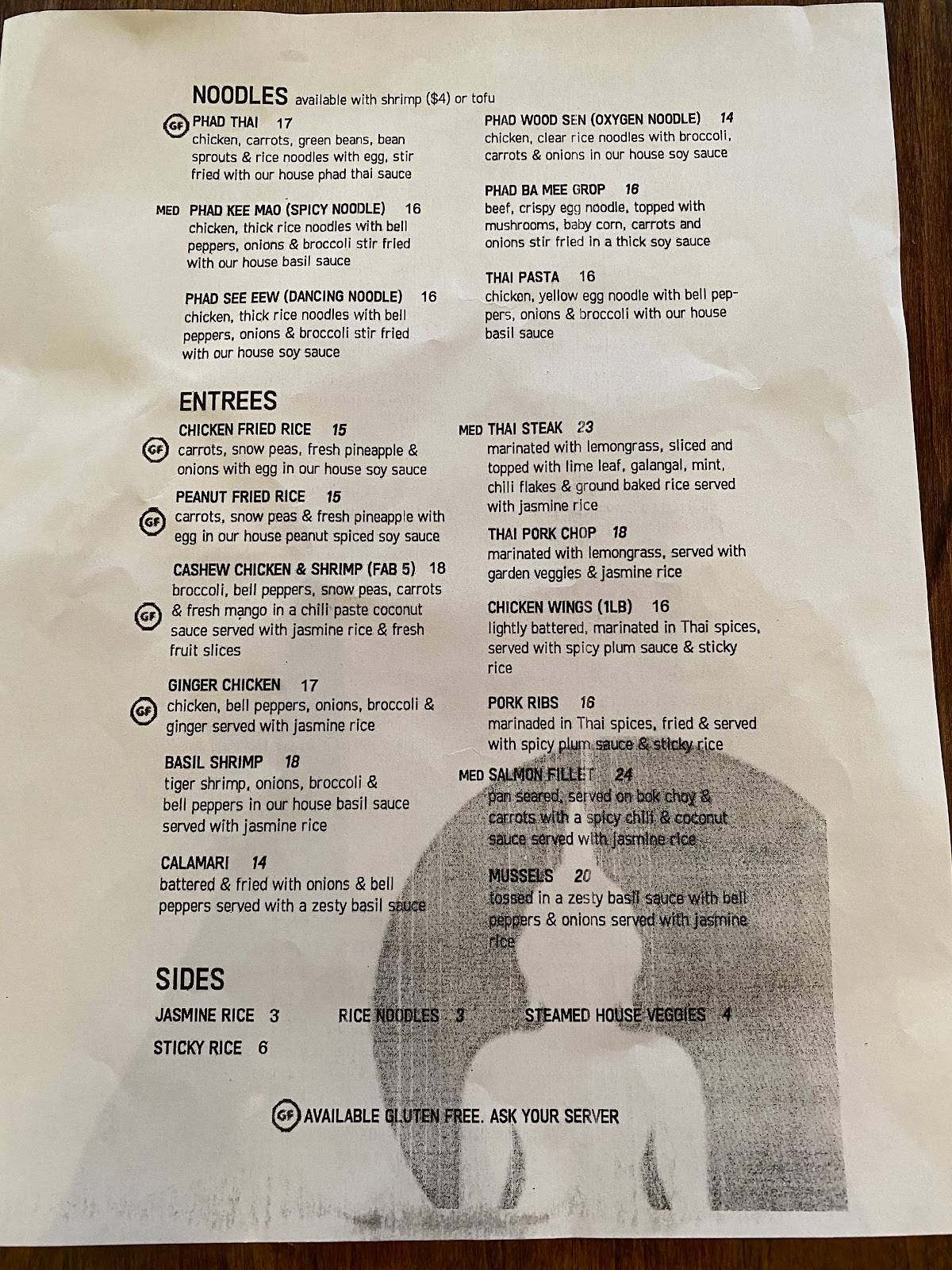 Menu at Thai Sun restaurant, Waterloo