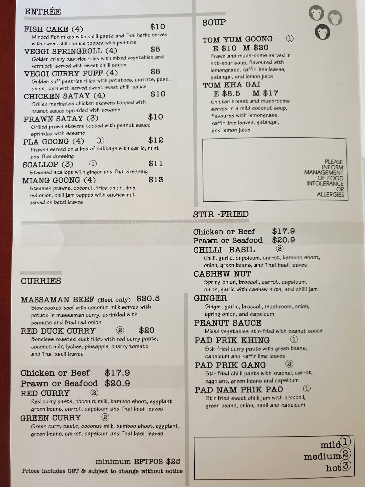 Menu at Thai by 3 Monkeys restaurant, North Adelaide