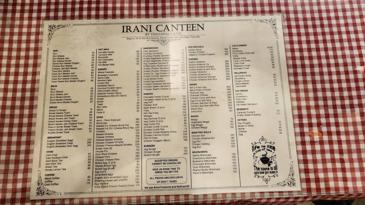 Menu at Irani Canteen, Thane