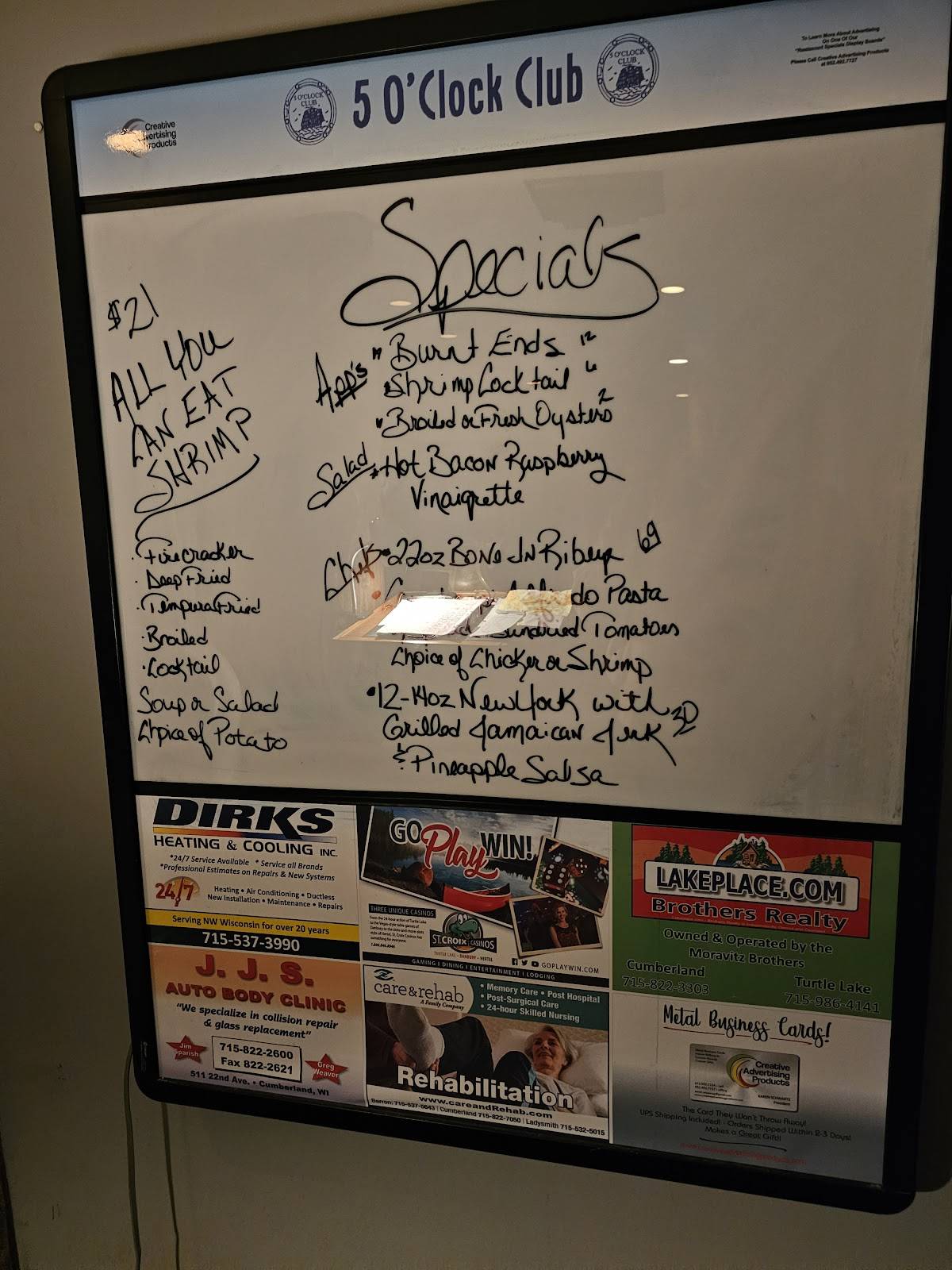 Menu at The 5 O'Clock Club, Cumberland