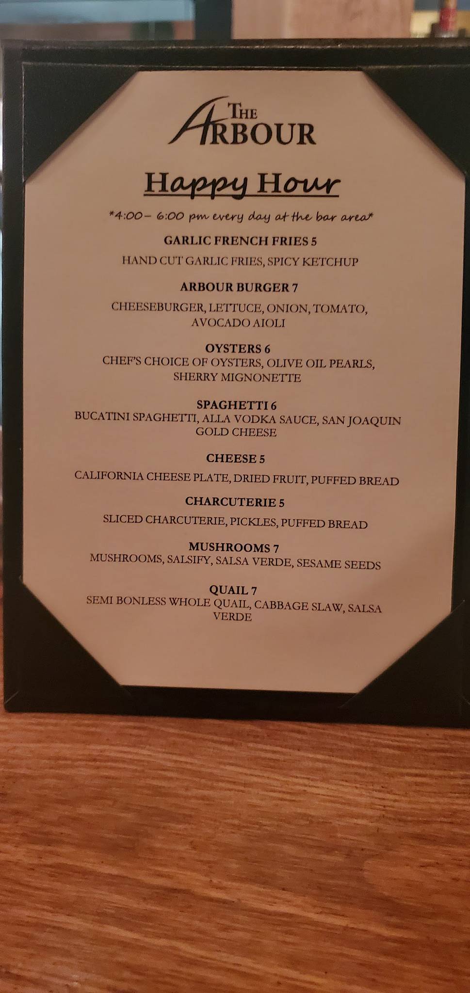 Menu at The Arbour pub & bar, Pasadena