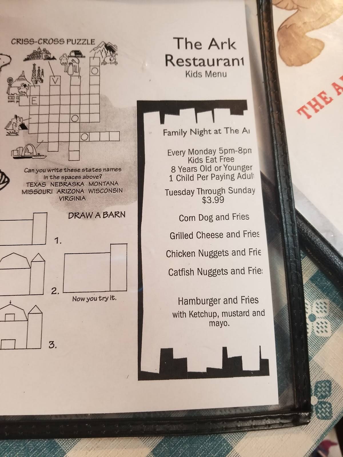 Menu at The Ark restaurant, Riverside, US-78