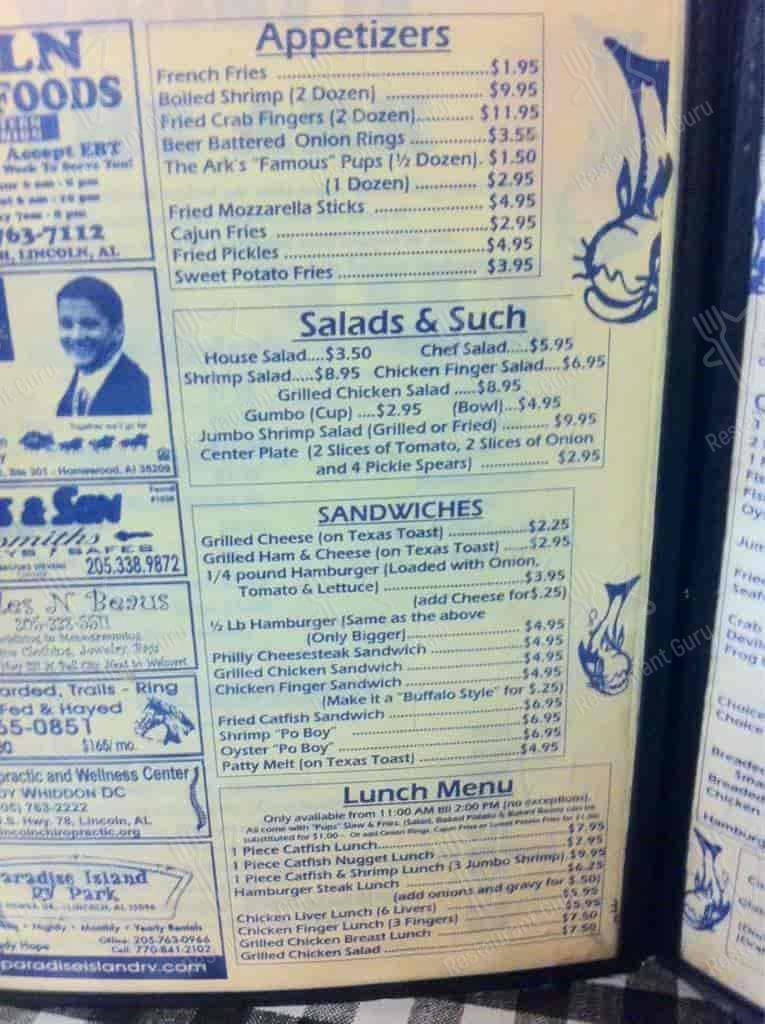 Menu at The Ark restaurant, Riverside, US-78