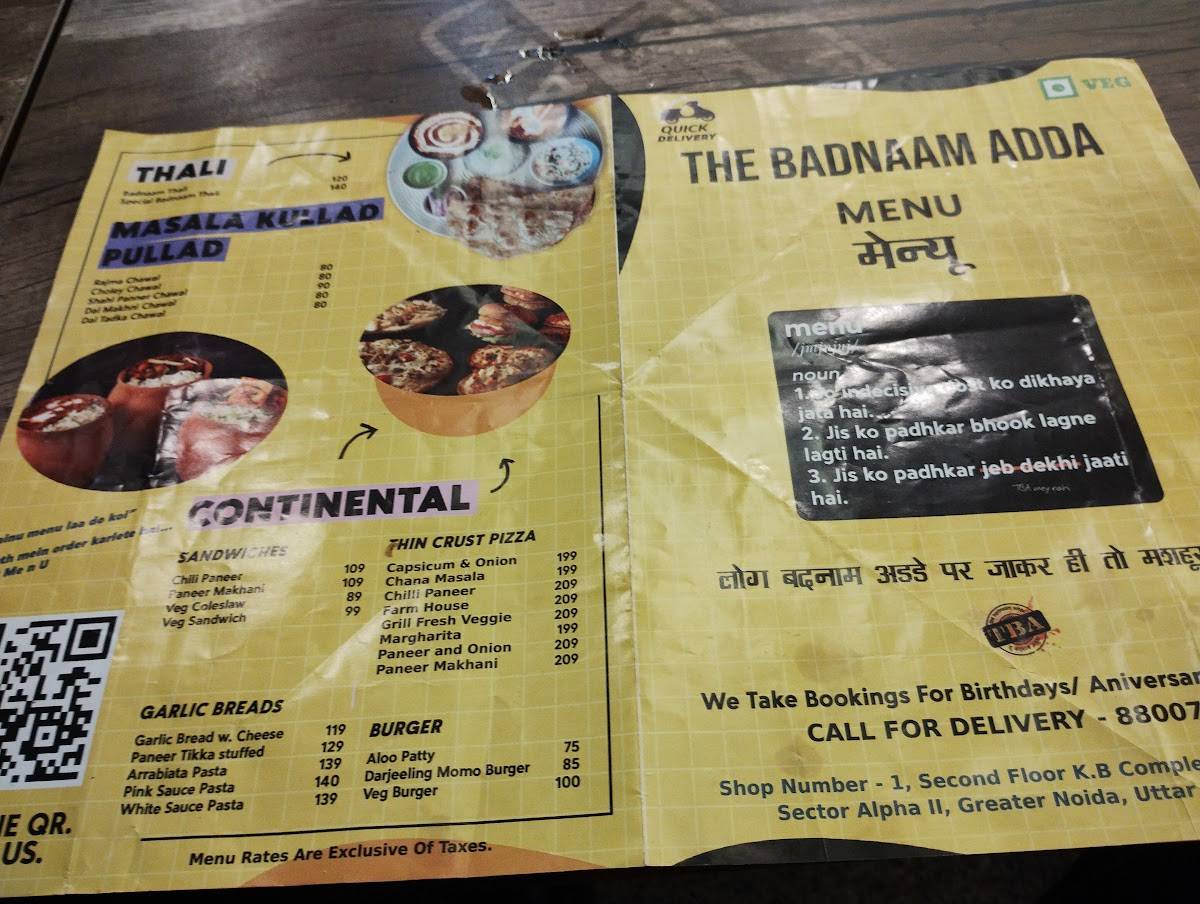 Menu at The Badnaam Adda TBA Pure Veg Best Restaurant in Greater Noida ...